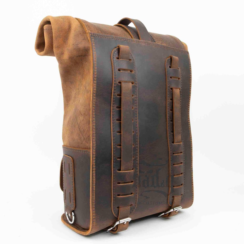 Universal Motorcycle Rolltop Backpack Saddlebag Brown Buffalo Leather ...