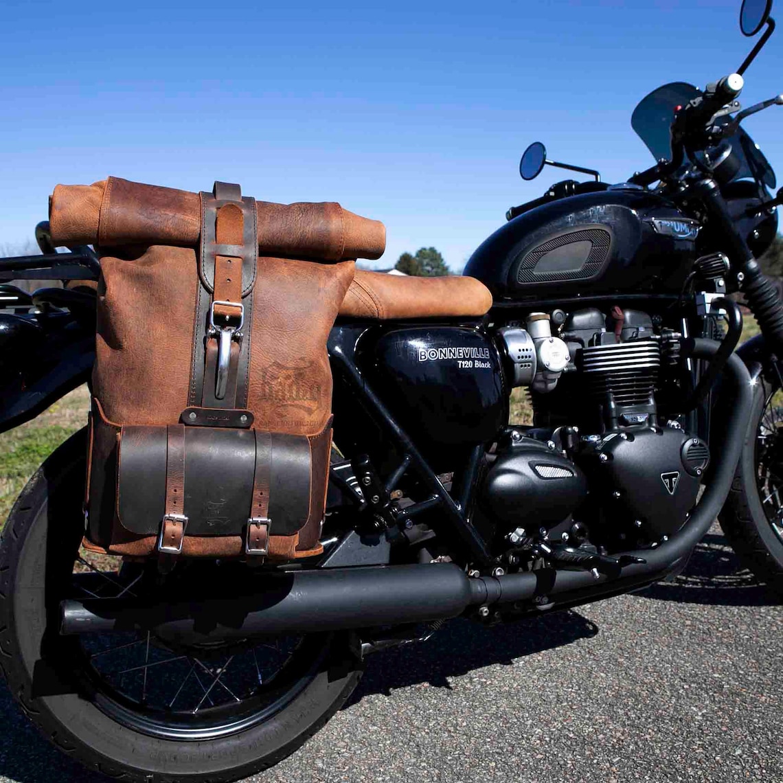 Universal Motorcycle Rolltop Backpack Saddlebag Brown Buffalo Leather ...