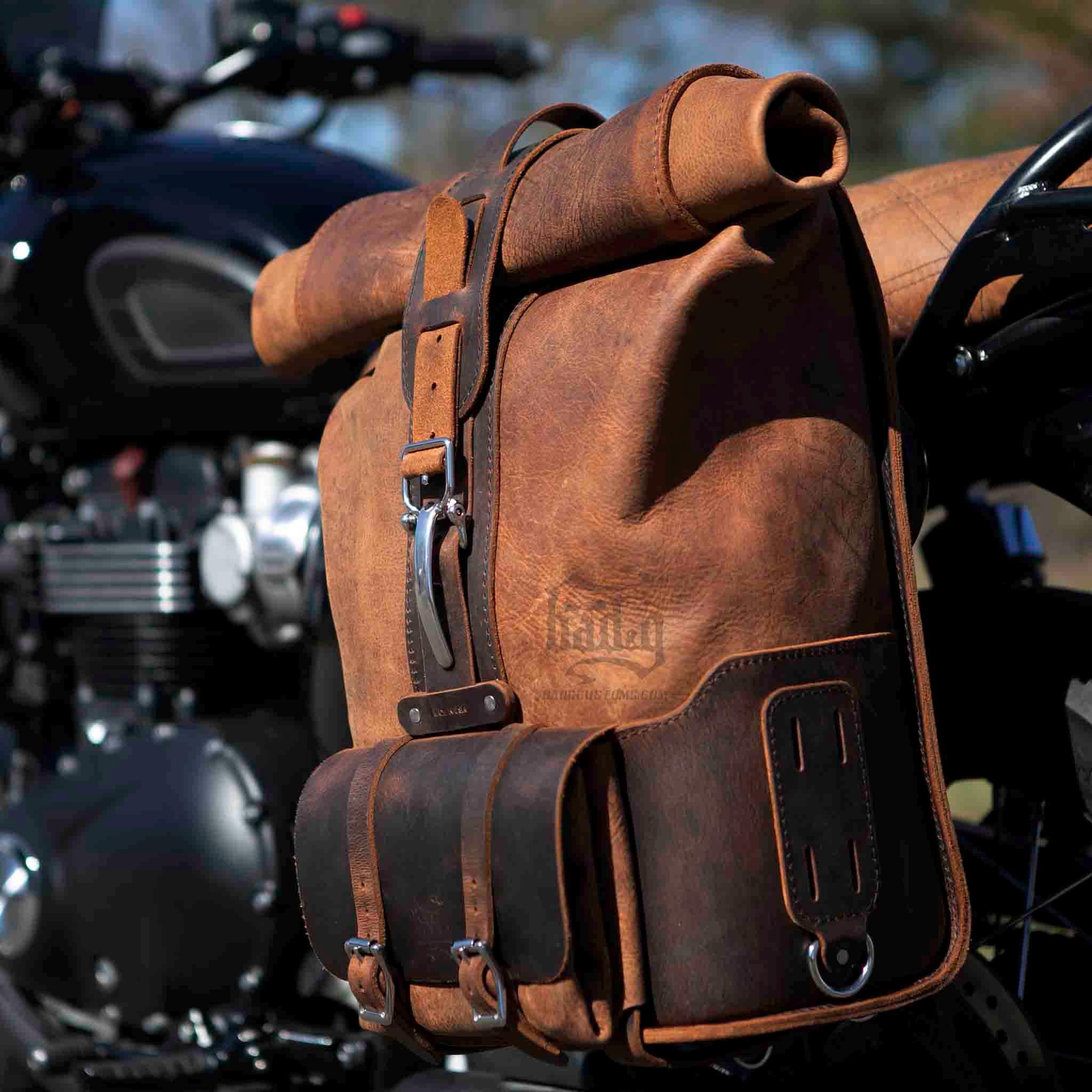 Universal Motorcycle Rolltop Backpack Saddlebag Brown Buffalo Leather ...