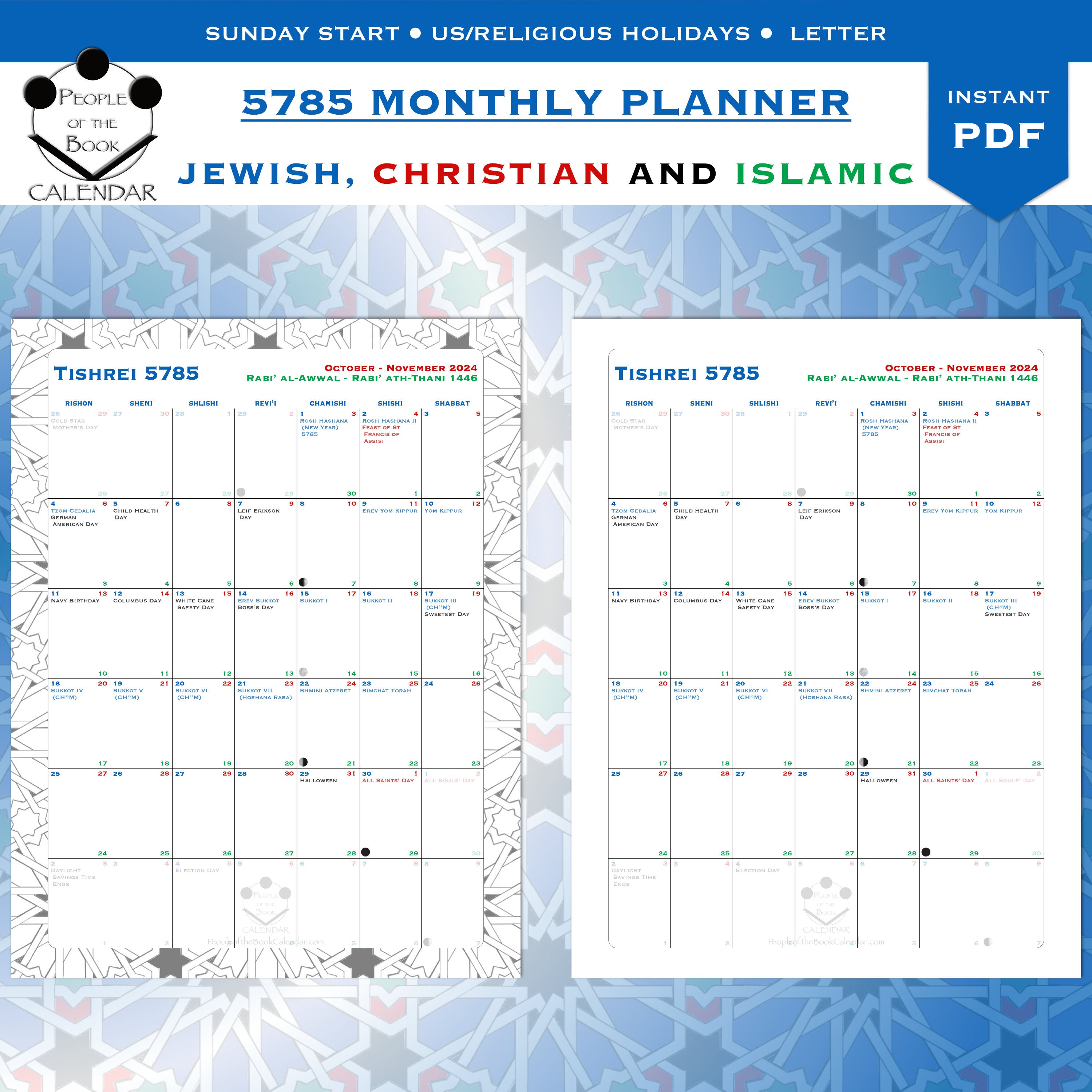 5785 AM Printable Monthly Planner Jewish, Christian, Islamic people of ...