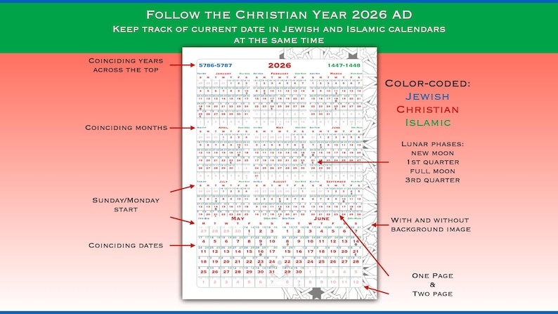 2026 AD Christian Yearly Planner - Jewish, Christian, Islamic Calendars ...