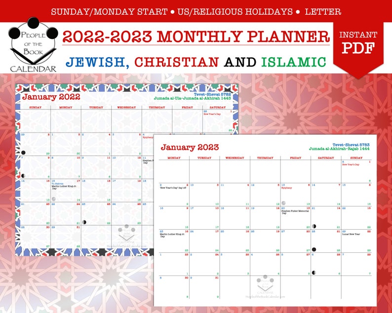 2022 AND 2023 Printable Monthly Calendar Jewish Christian - Etsy Australia