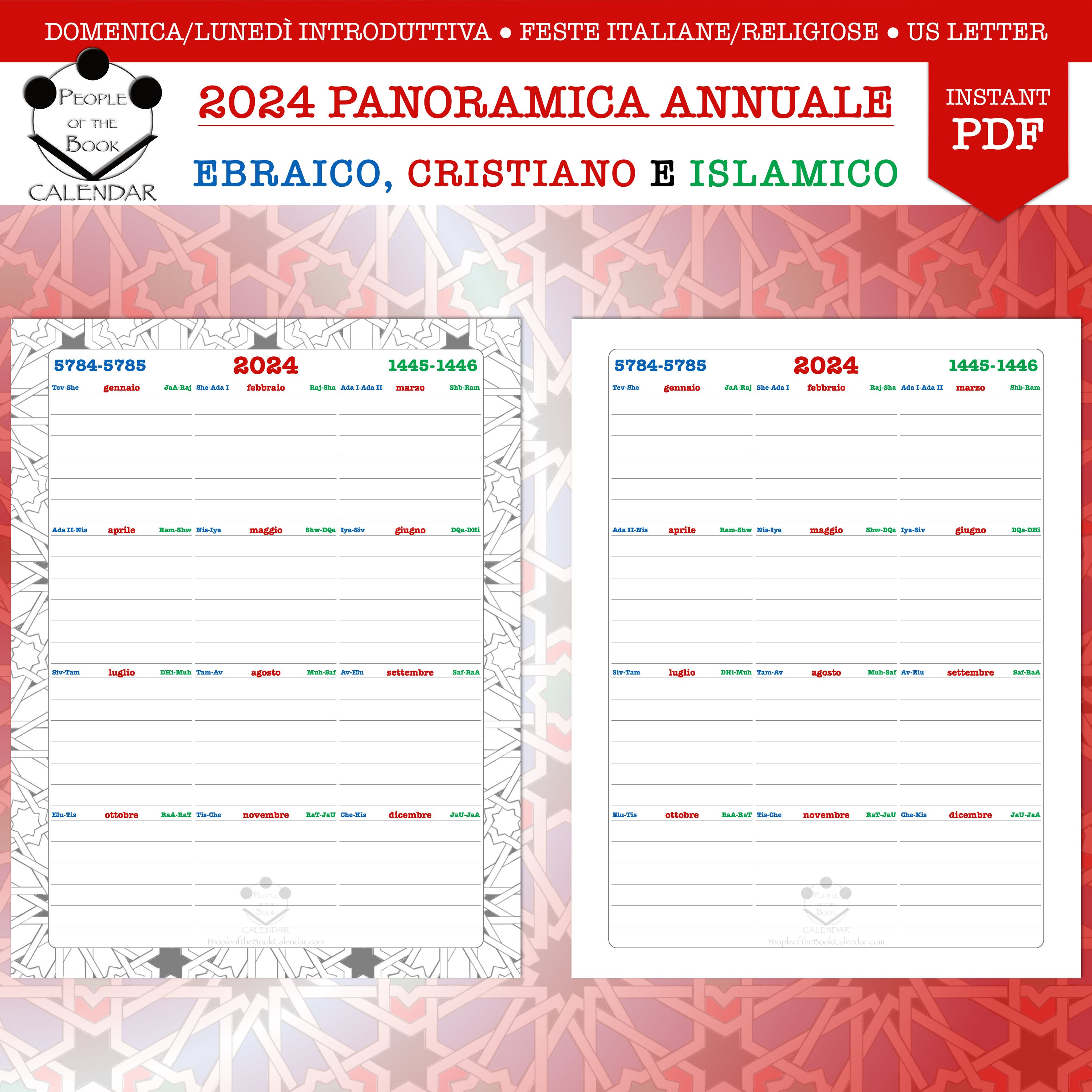 2024 Printable Yearly Calendar italian Jewish, Christian, Islamic ...