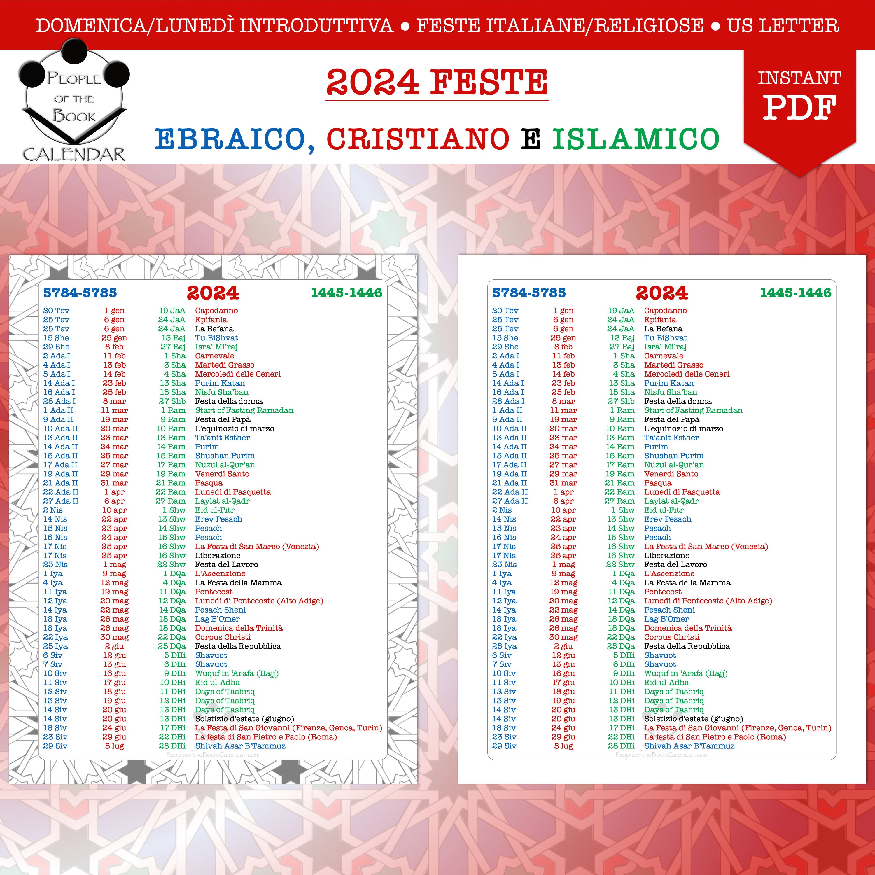 2024 Printable Yearly Calendar italian Jewish, Christian, Islamic ...