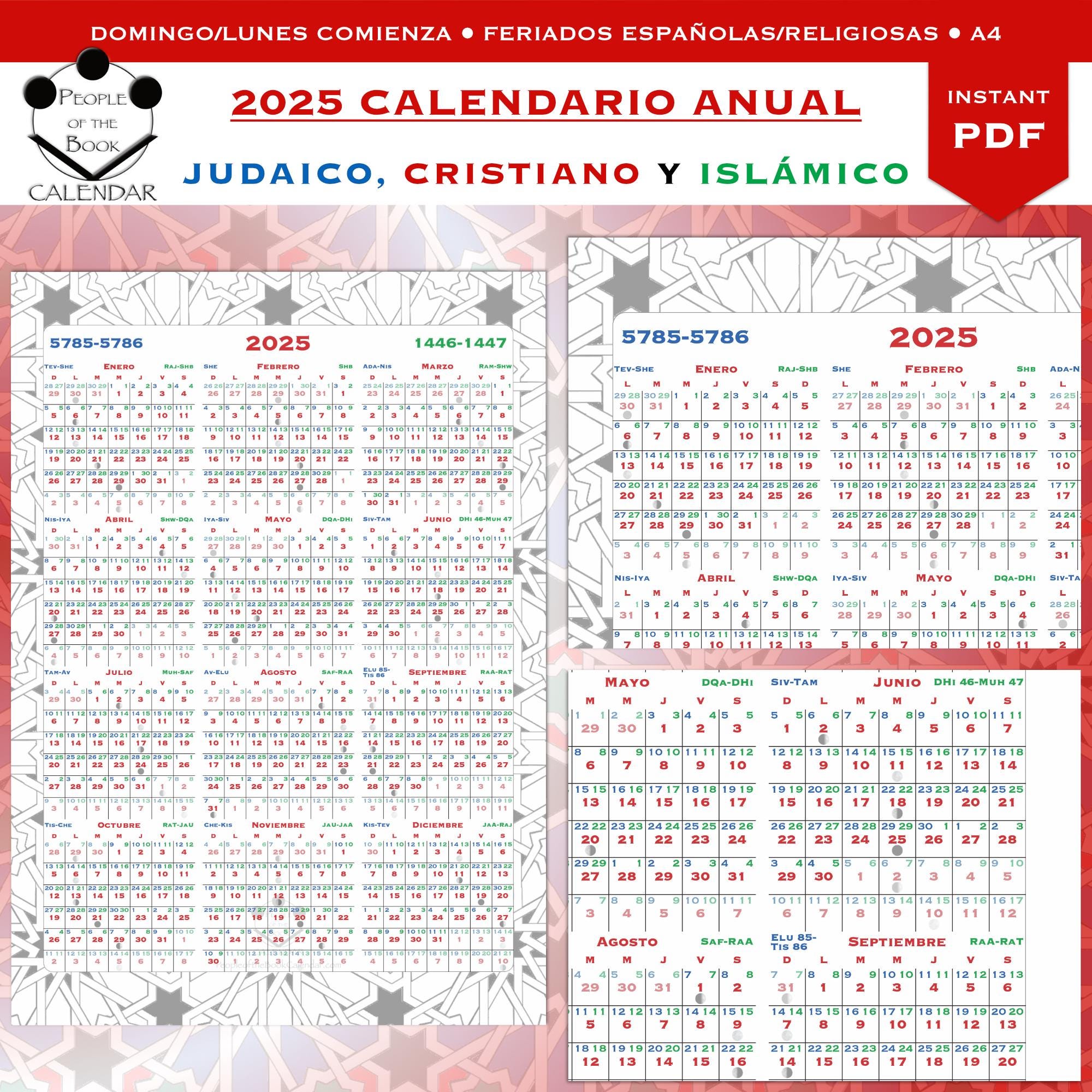 Calendario Anual Imprimible 2025 Judaico, Cristiano, Islámico Feriados ...