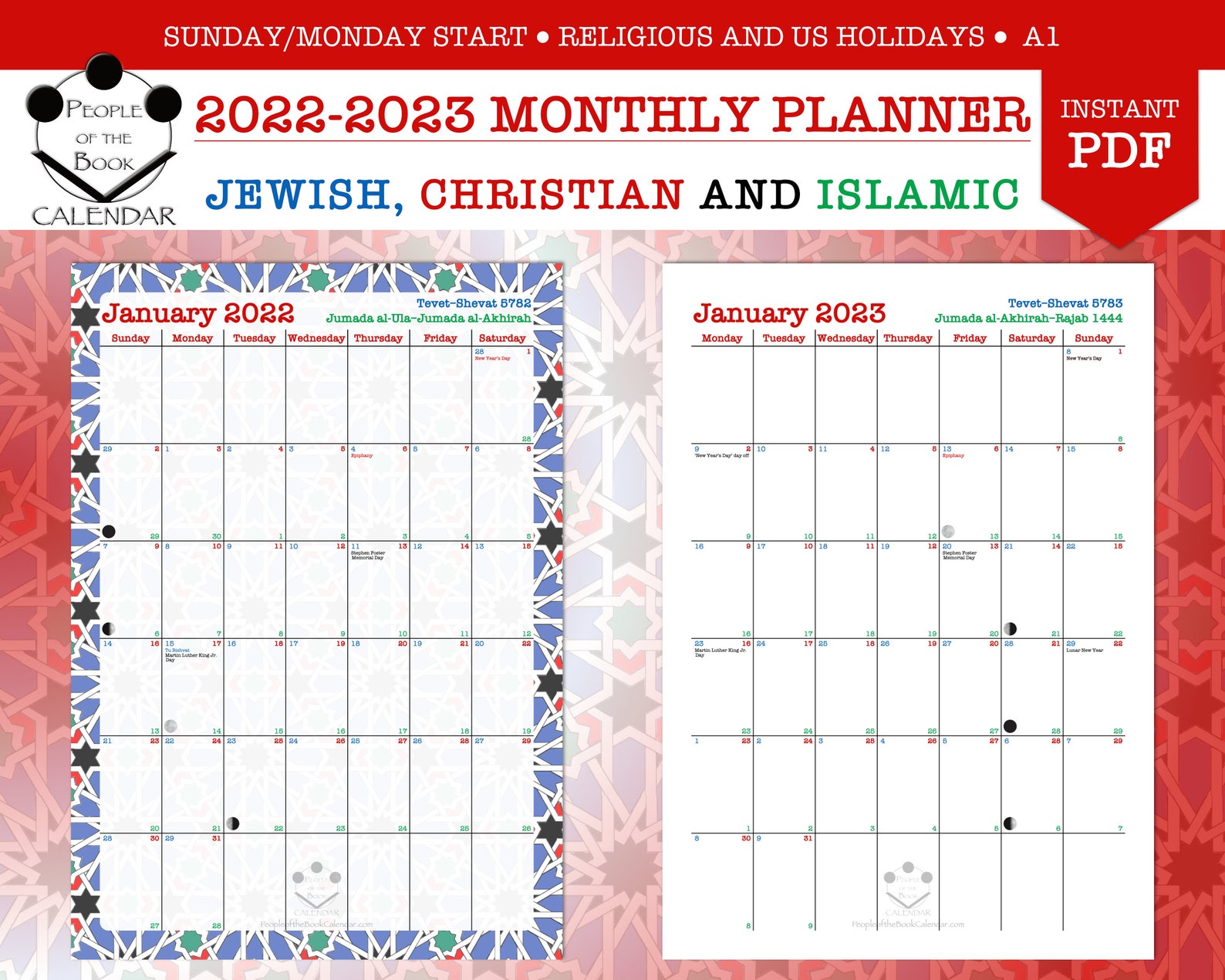 2022 AND 2023 Printable Large Monthly Calendar Jewish - Etsy