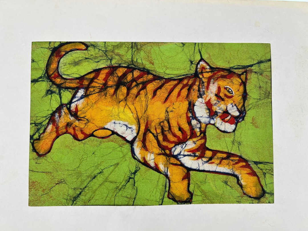 Vintage Original Artwork Batik Dyed Tiger Wall Art Handmade Colorful ...