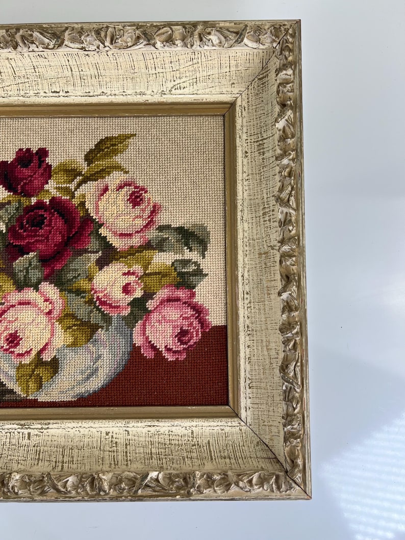 Vintage Completed & Framed Needlepoint Artwork Bouquet of Roses ...