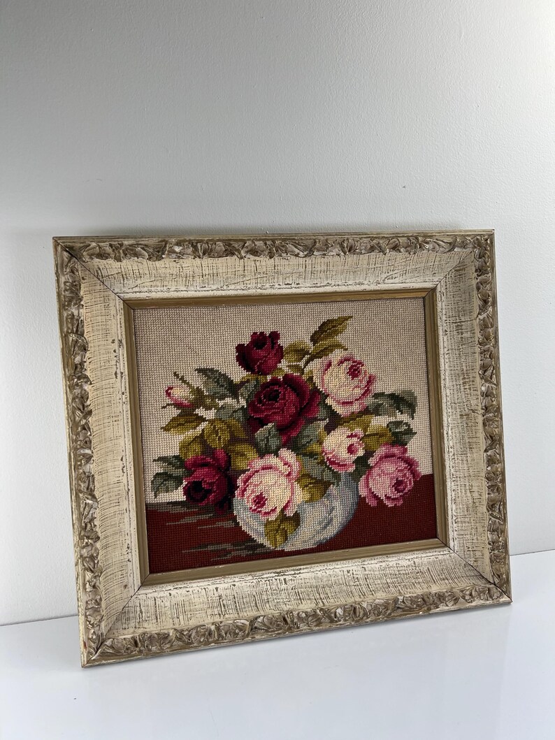 Vintage Completed & Framed Needlepoint Artwork Bouquet of Roses ...