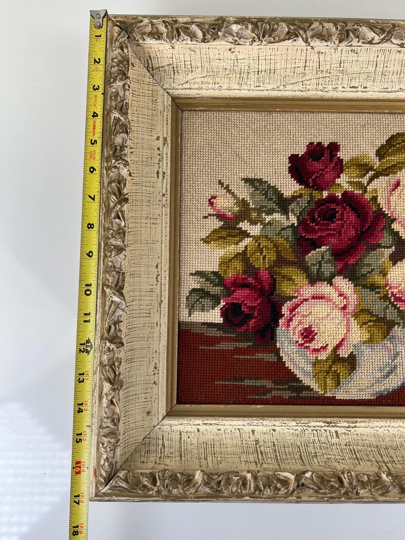 Vintage Completed & Framed Needlepoint Artwork Bouquet of Roses ...
