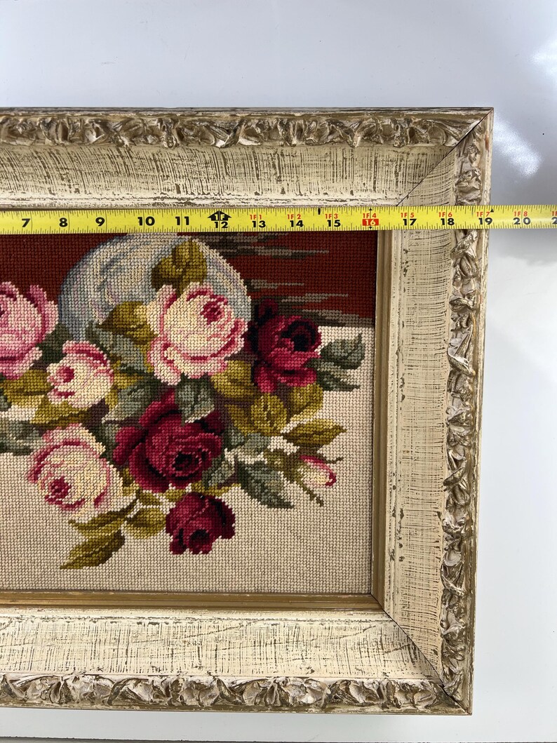 Vintage Completed & Framed Needlepoint Artwork Bouquet of Roses ...