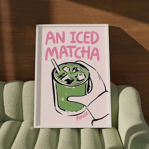 Iced Matcha Latte Poster, Green Pink Coffee Print, Cafe Dorm Wall Decor ...