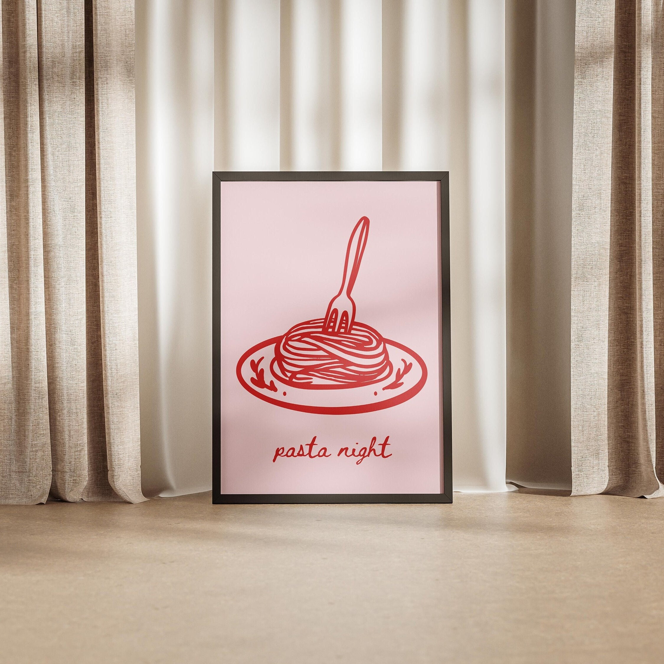 Pasta Night Doodle Plate & Fork, Girl Dinner Italian Cuisine Poster ...