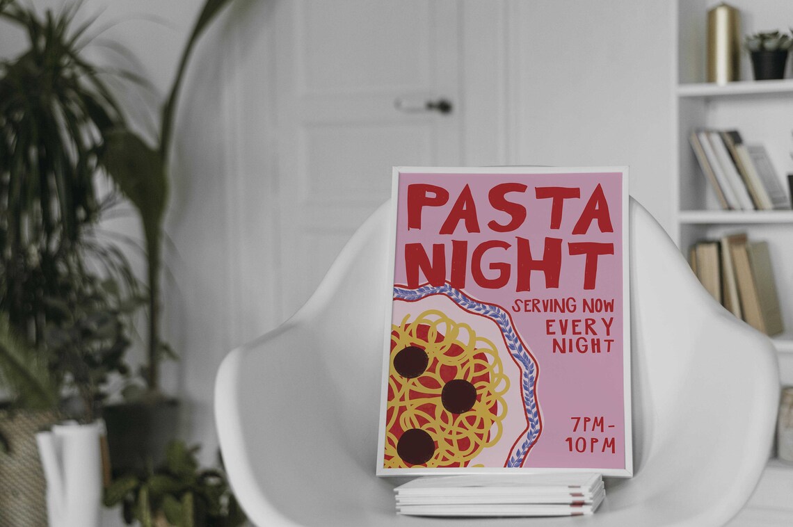 Pasta Meatballs Night Italian Cuisine Retro Print, Pink Red Preppy ...