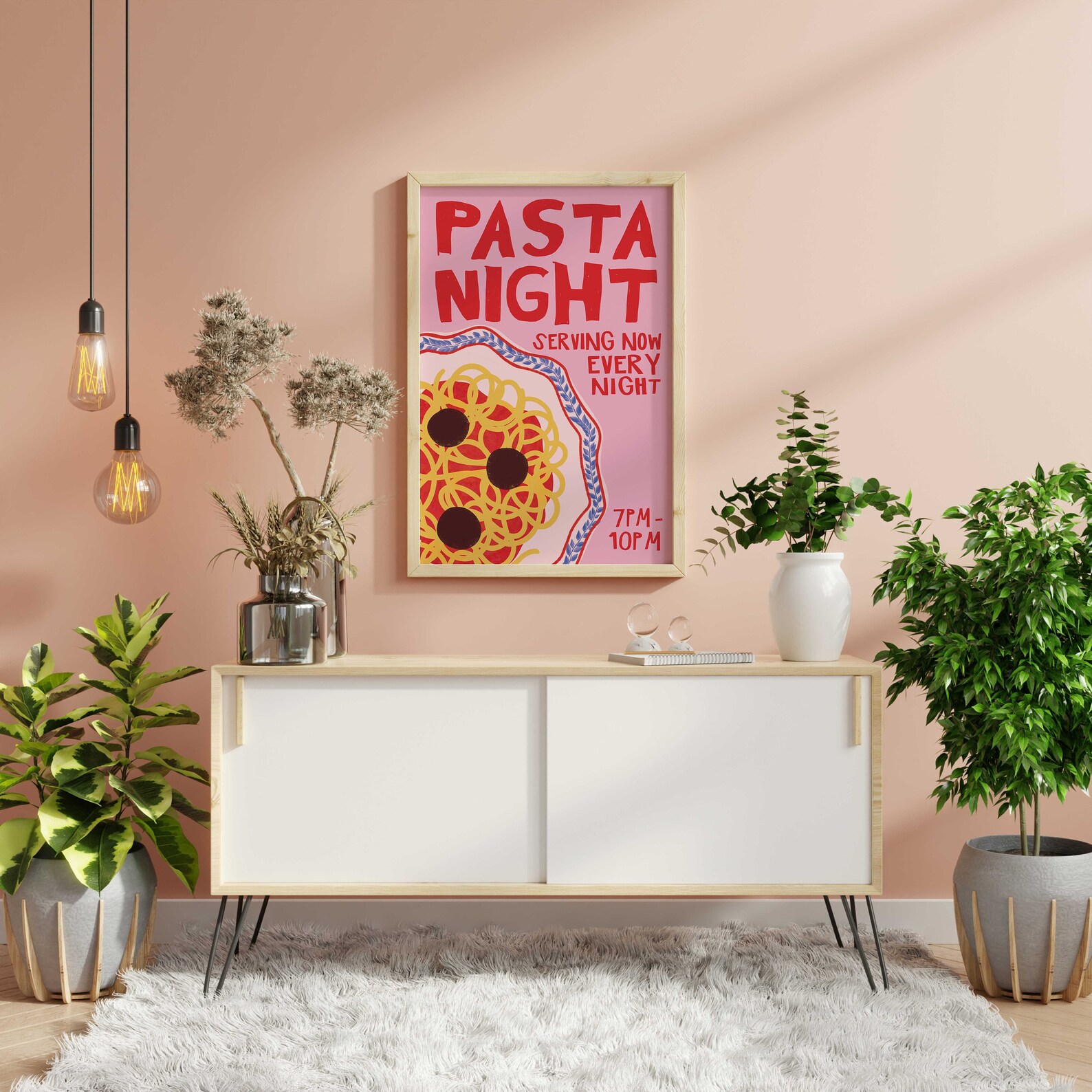 Pasta Meatballs Night Italian Cuisine Retro Print, Pink Red Preppy ...