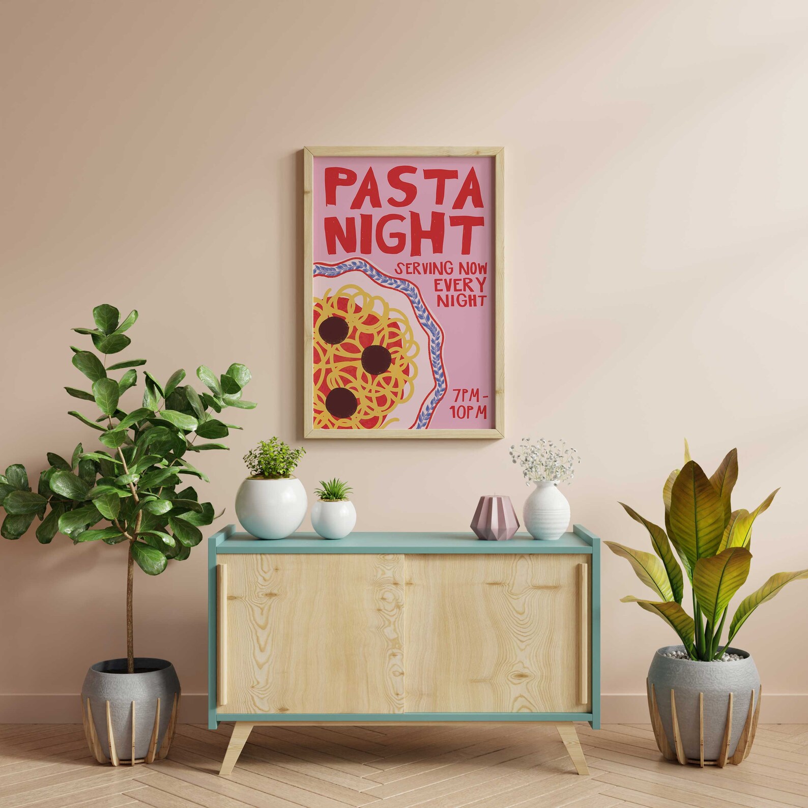 Pasta Meatballs Night Italian Cuisine Retro Print, Pink Red Preppy ...