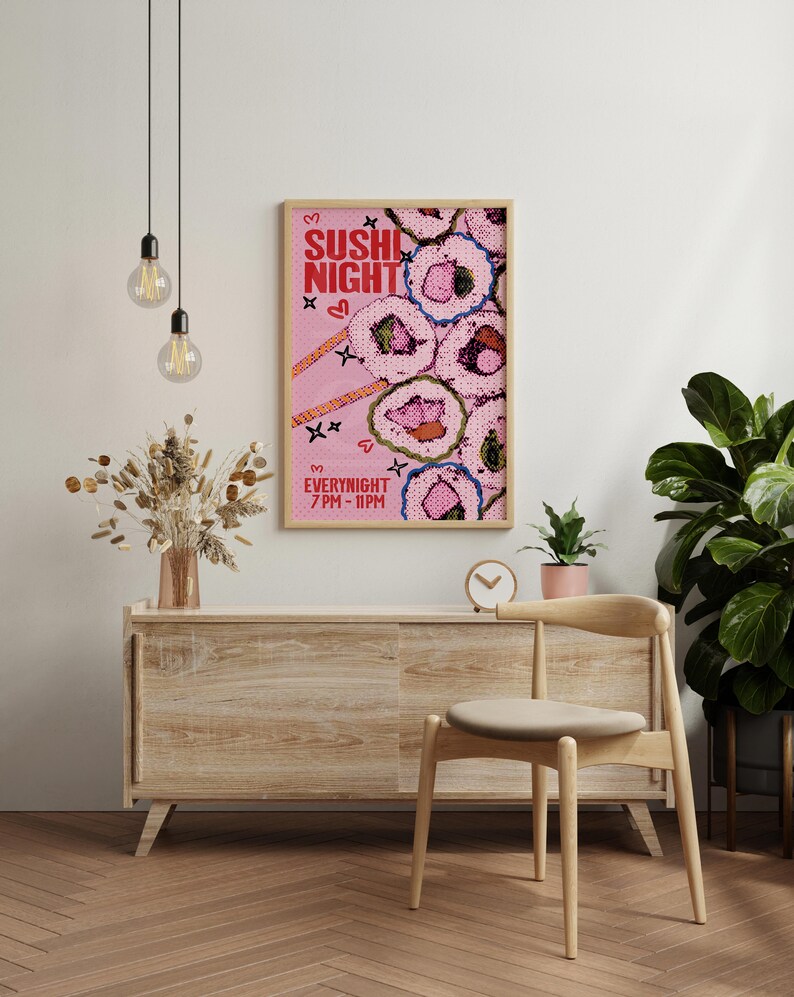 Sushi Girl Dinner Night Poster, Red Pink Preppy Japanese Cuisine Print ...