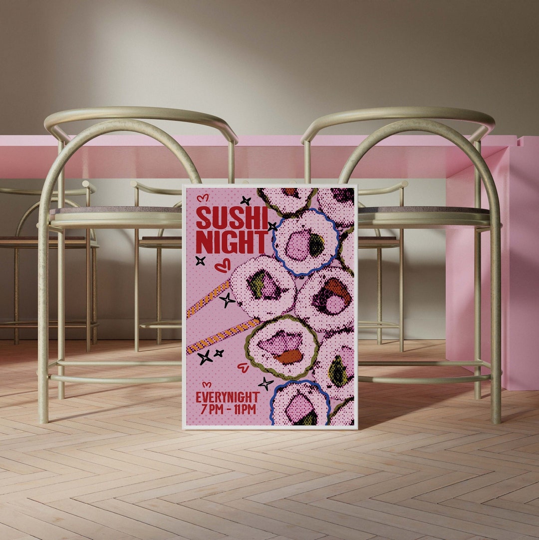 Sushi Girl Dinner Night Poster, Red Pink Preppy Japanese Cuisine Print ...