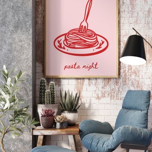 Pasta Night Doodle Plate & Fork, Girl Dinner Italian Cuisine Poster ...
