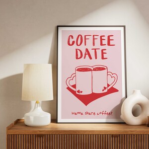 Coffee Date Heart Mugs Print, Cute Cafe Corner Poster, Caffeine Mug ...