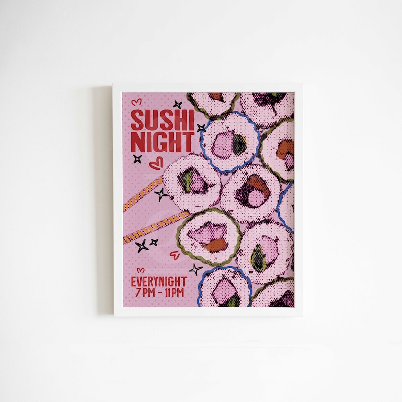Sushi Girl Dinner Night Poster, Red Pink Preppy Japanese Cuisine Print ...