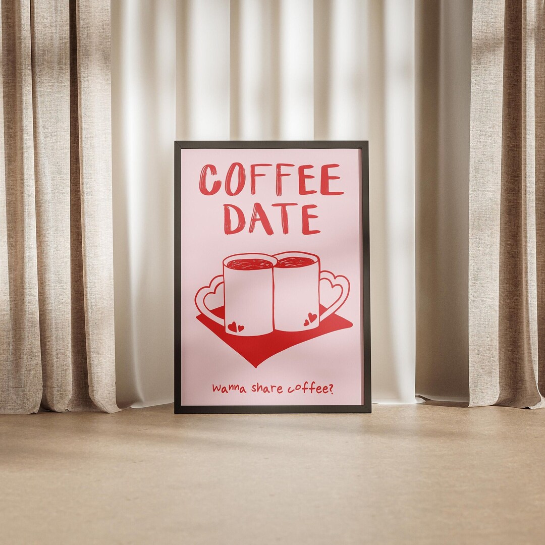 Coffee Date Heart Mugs Print, Cute Cafe Corner Poster, Caffeine Mug ...