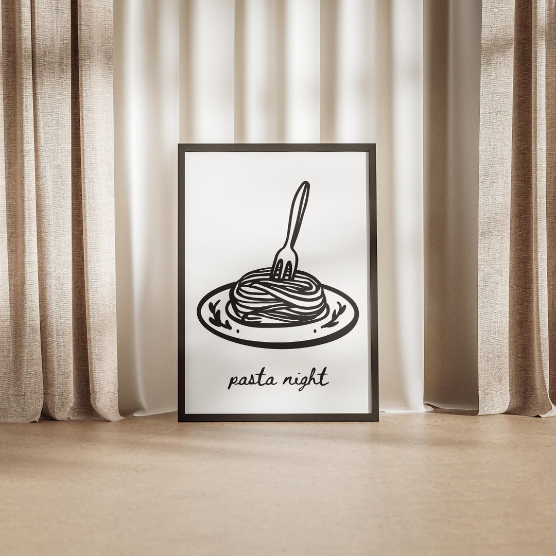 Pasta Night Doodle Plate & Fork, Girl Dinner Italian Cuisine Poster ...