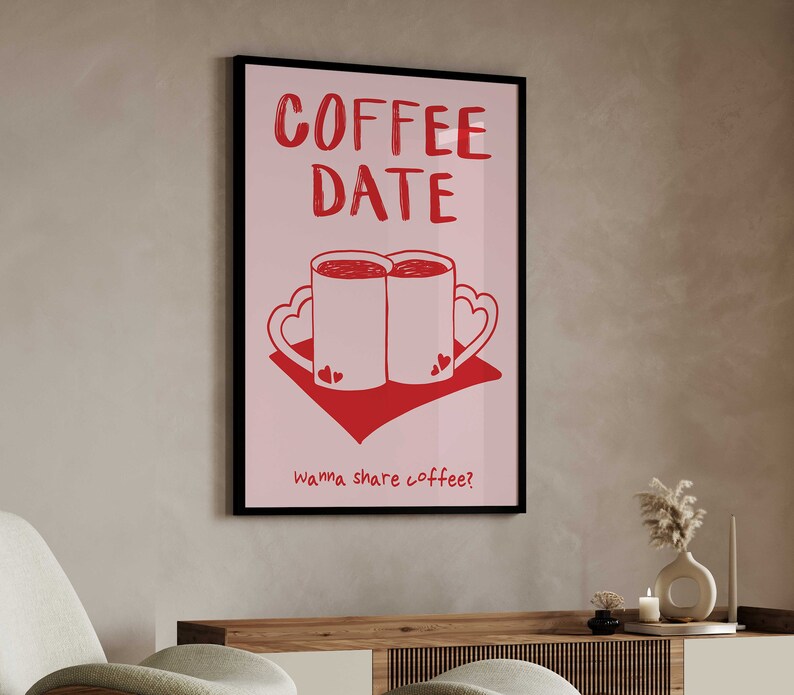 Coffee Date Heart Mugs Print, Cute Cafe Corner Poster, Caffeine Mug ...