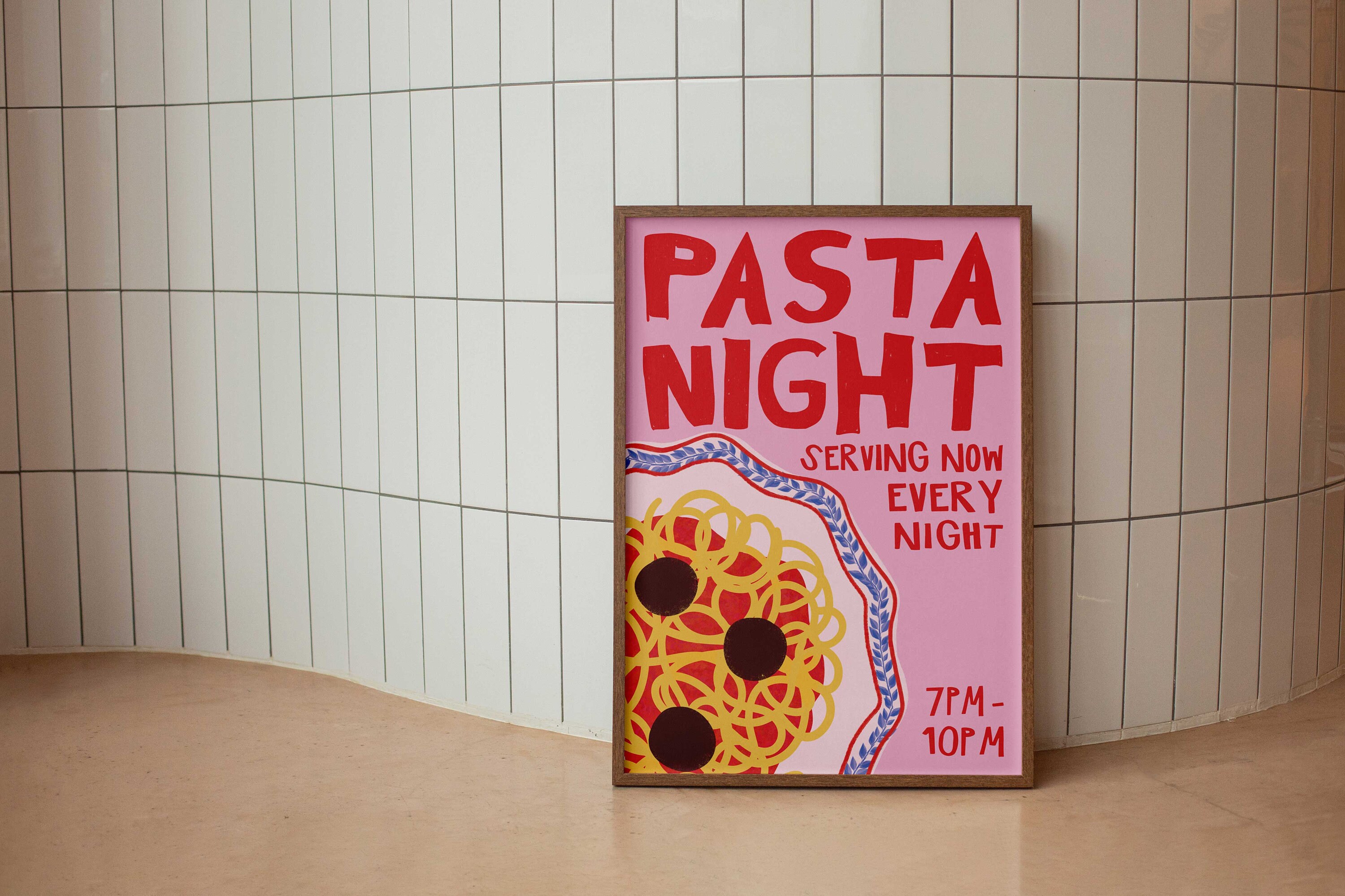 Pasta Meatballs Night Italian Cuisine Retro Print, Pink Red Preppy ...