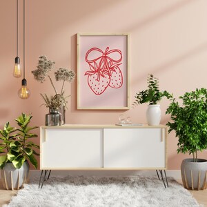 Cute Strawberries Red Pink Wall Print, Coquette Strawberry Poster ...