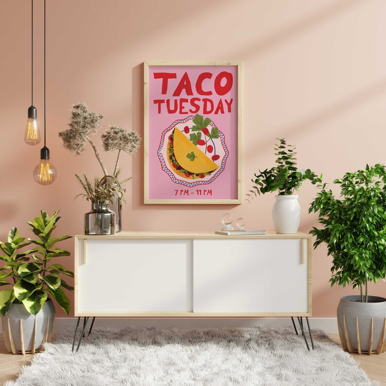 Taco Tuesday Night, Mexican Cuisine Retro Print, Pink Red Preppy Poster ...