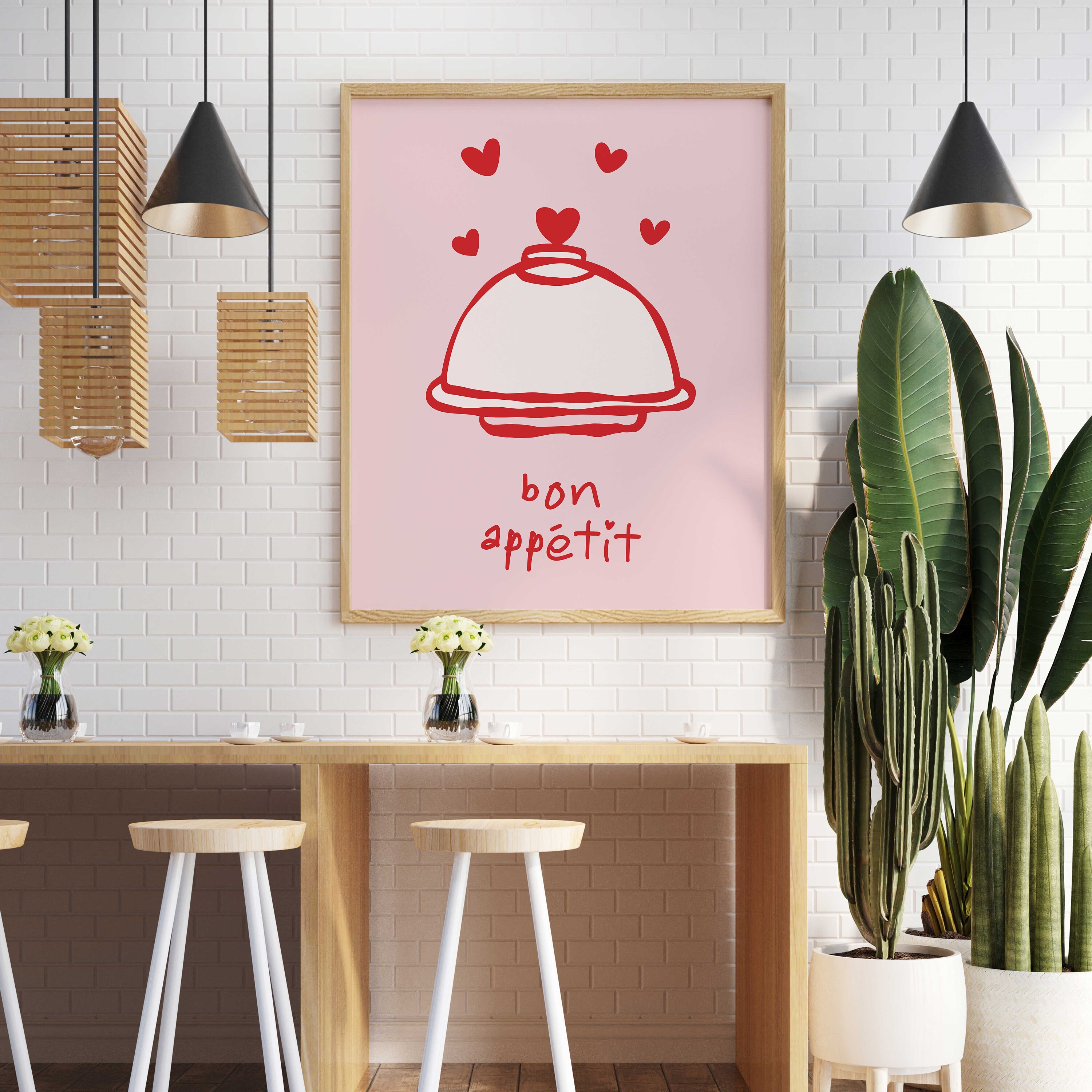 Bon Appetit Food Red Pink Preppy Print, Hearts Cloche Plate Girly ...
