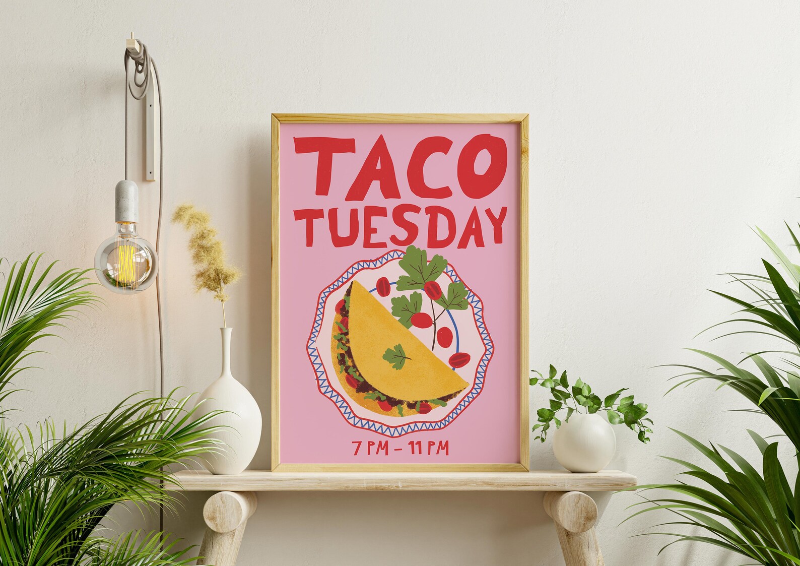 Taco Tuesday Night, Mexican Cuisine Retro Print, Pink Red Preppy Poster ...
