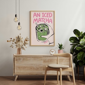 Iced Matcha Latte Poster, Green Pink Coffee Print, Cafe Dorm Wall Decor ...