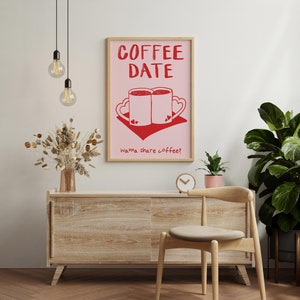 Coffee Date Heart Mugs Print, Cute Cafe Corner Poster, Caffeine Mug ...