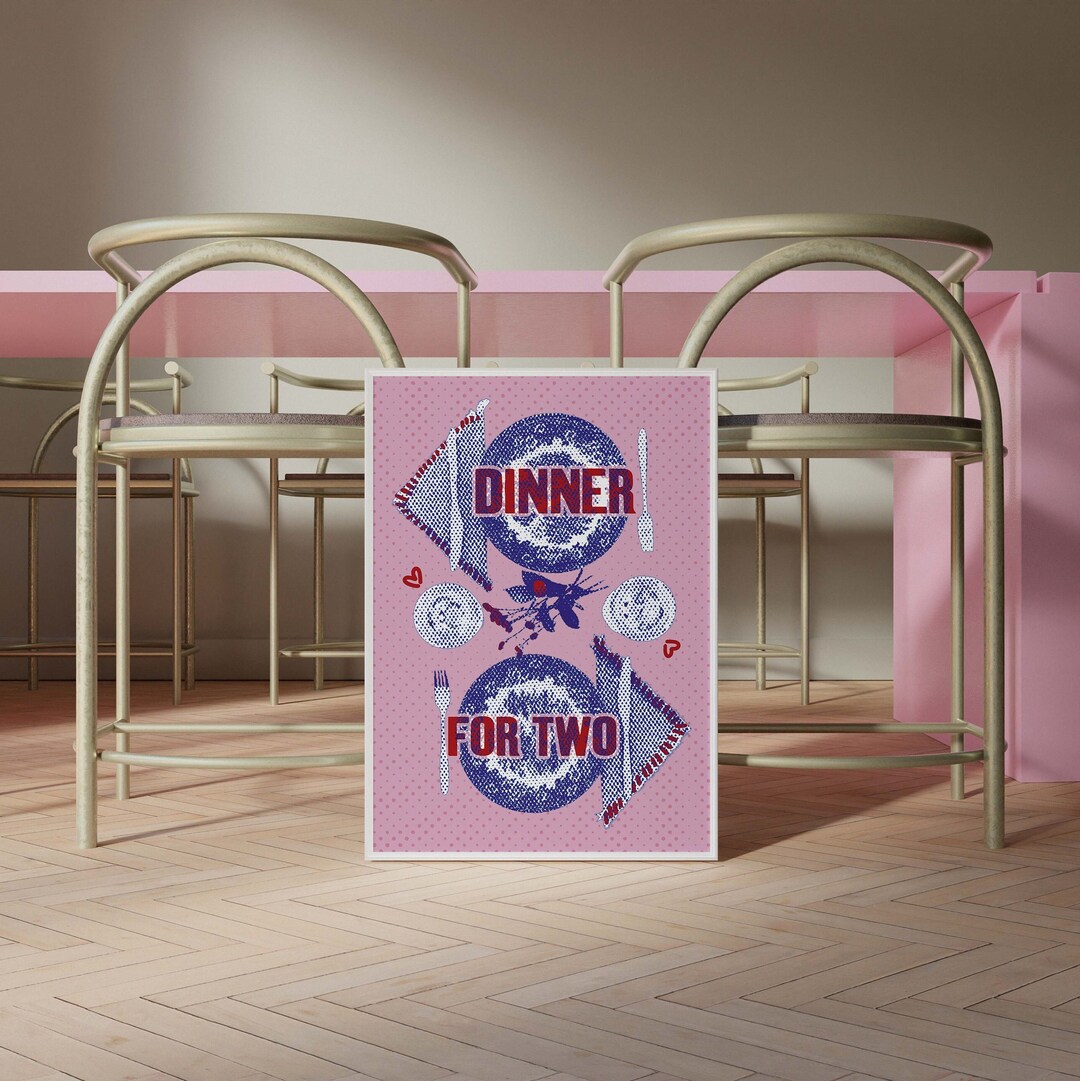 Dinner for Two Poster, Red Pink Preppy Print, Date Night Decor, Girly ...