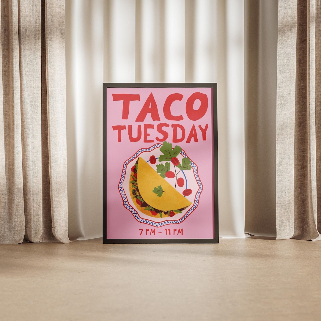 Taco Tuesday Night, Mexican Cuisine Retro Print, Pink Red Preppy Poster ...