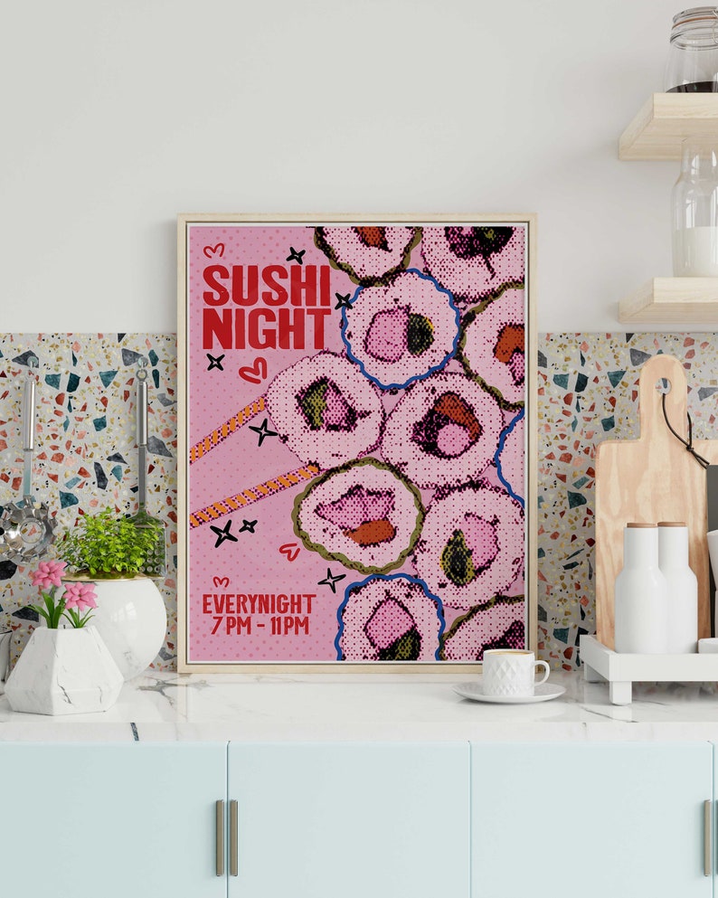 Sushi Girl Dinner Night Poster, Red Pink Preppy Japanese Cuisine Print ...