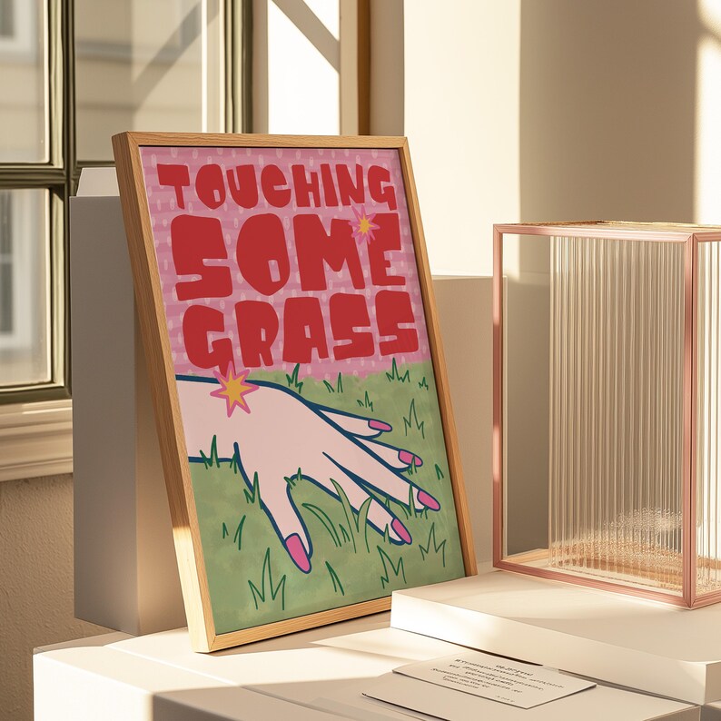 Touching Some Grass Eclectic Red Pink Green Print, Fun Hand Drawn ...