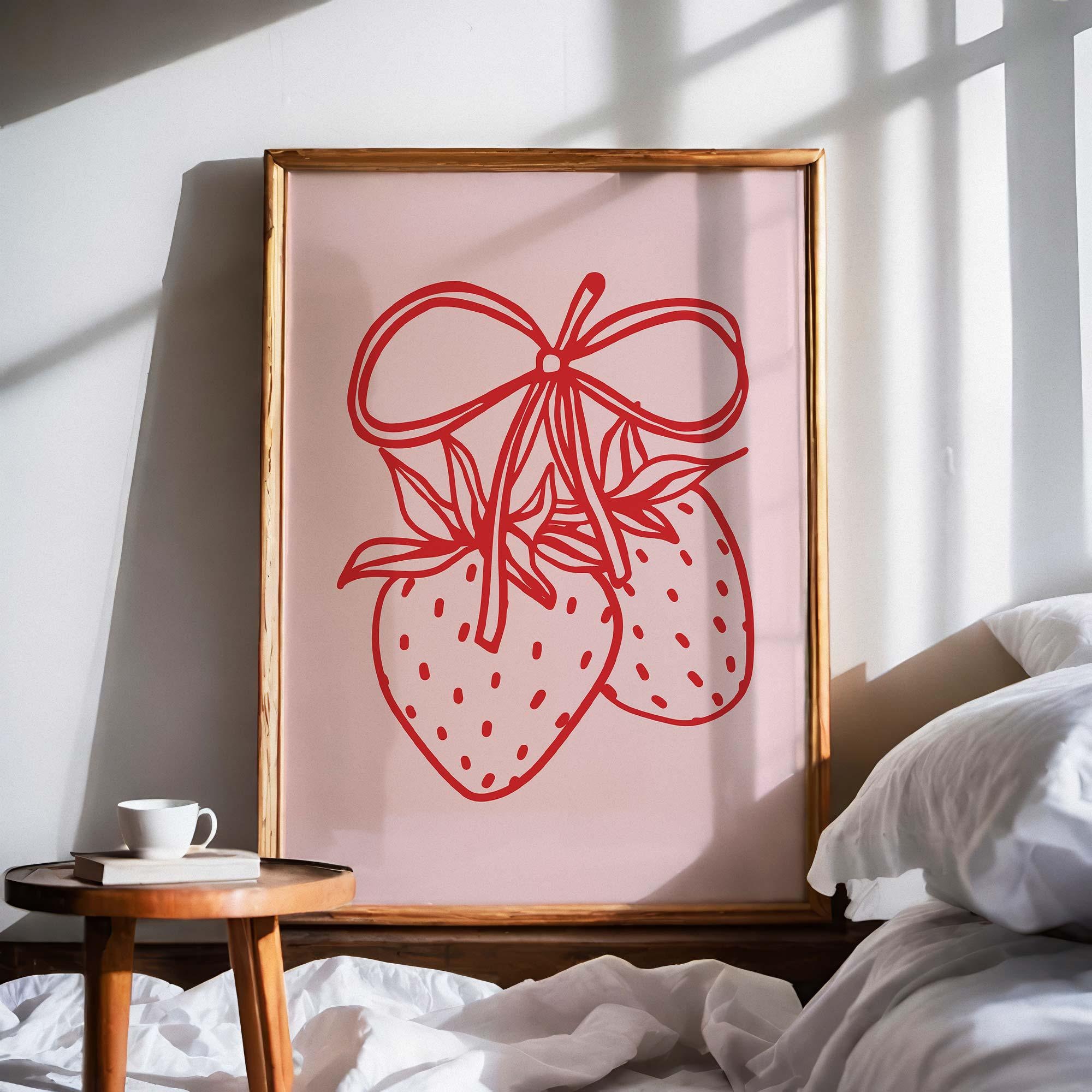 Cute Strawberries Red Pink Wall Print, Coquette Strawberry Poster ...