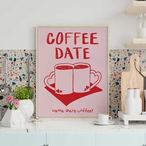 Coffee Date Heart Mugs Print, Cute Cafe Corner Poster, Caffeine Mug ...