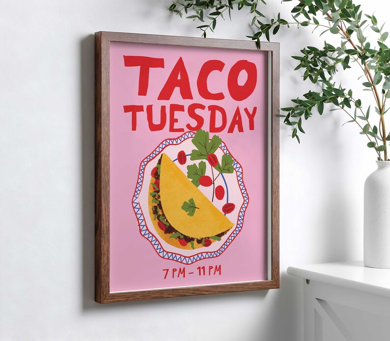 Taco Tuesday Night, Mexican Cuisine Retro Print, Pink Red Preppy Poster ...