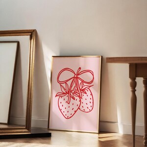 Cute Strawberries Red Pink Wall Print, Coquette Strawberry Poster ...