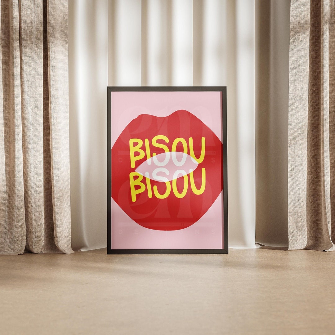Bisou Bisou Red Lips Print, Kiss Girly Poster, Typography Trendy Retro Wall Art, French Phrases ...