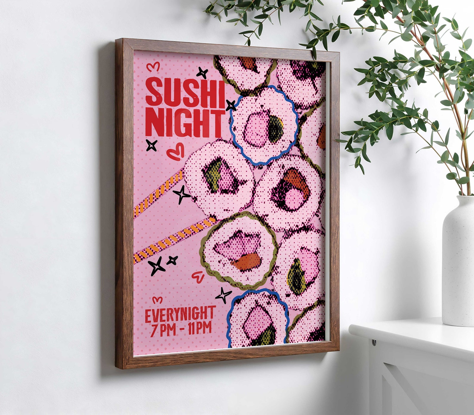 Sushi Girl Dinner Night Poster, Red Pink Preppy Japanese Cuisine Print ...