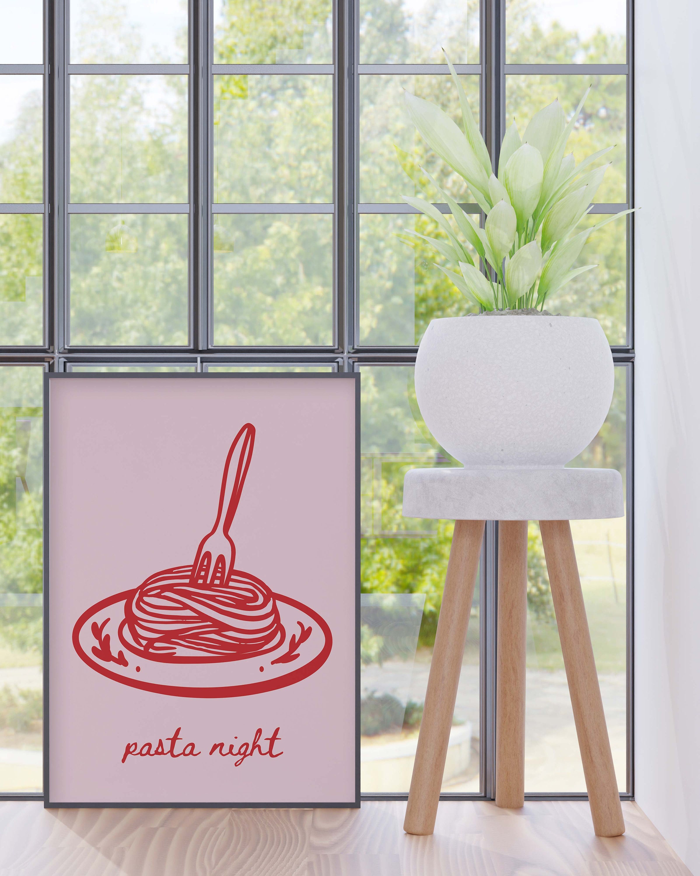 Pasta Night Doodle Plate & Fork, Girl Dinner Italian Cuisine Poster ...