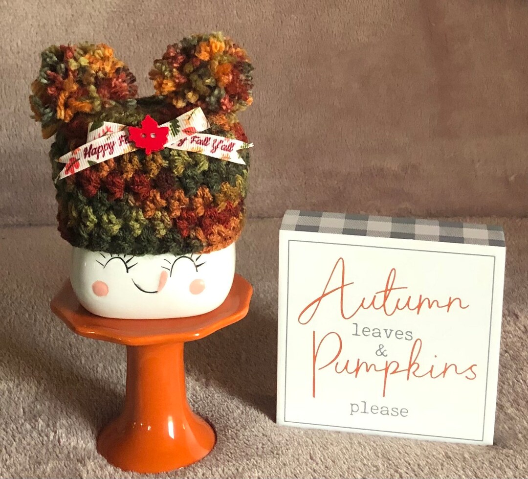 Crocheted Marshmallow Mug Hat- “happy Fall With Poms" - Etsy