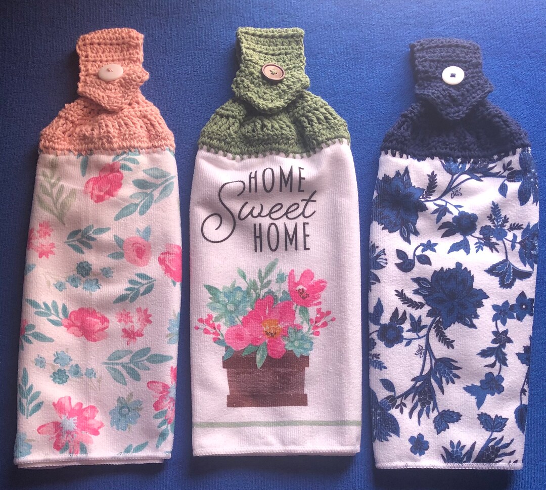 Kitchen Towels With Crocheted Top/button Hanging Flower Dish Towels - Etsy