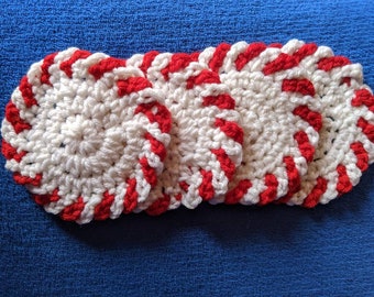 Crochet Peppermint Swirl Coasters - Set of 4 Handmade Cotton Holiday ...