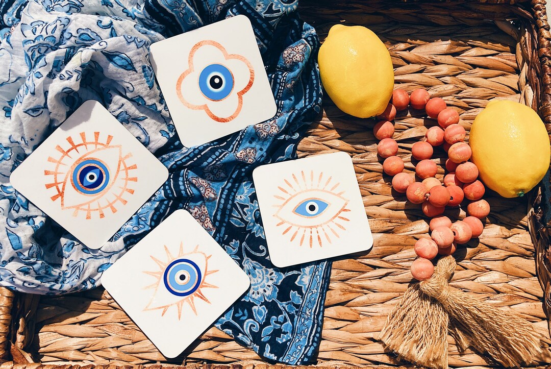 Evil Eye Coasters Set of 4 Cork Back Coasters Greek - Etsy